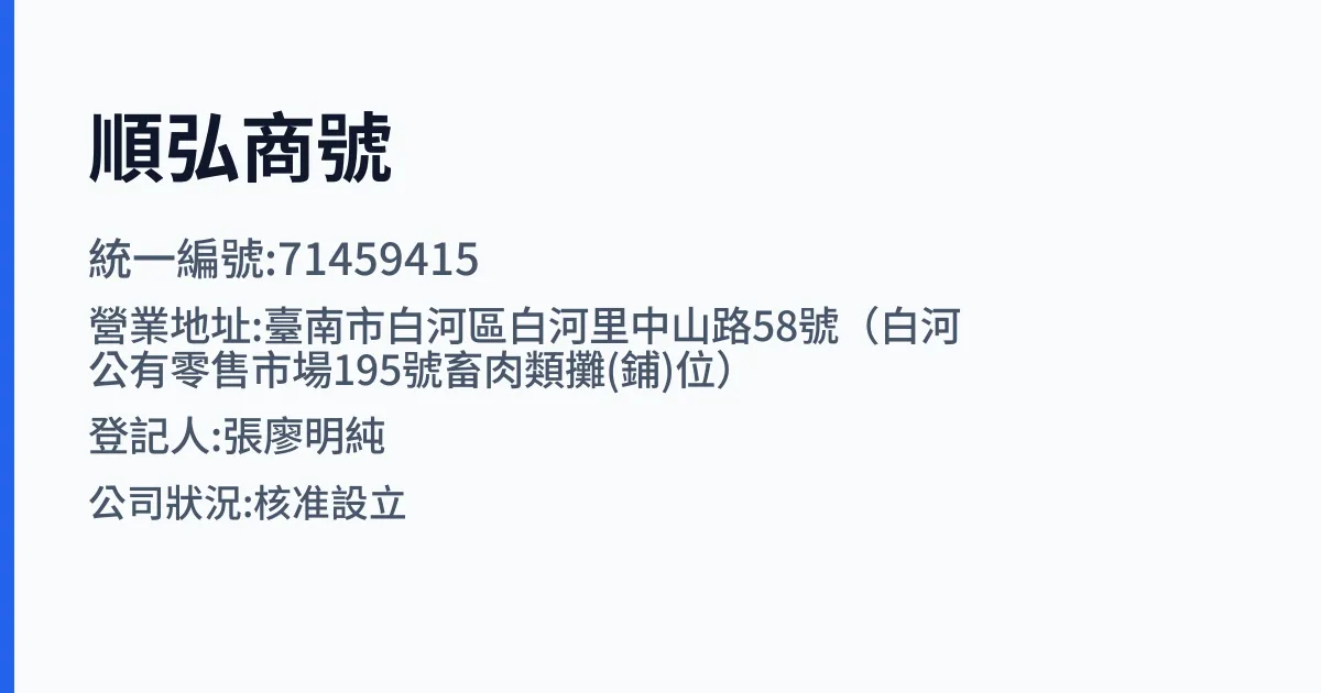 順弘商號 - 統編 71459415(臺南市) 公司登記資料與營業項目詳細圖表