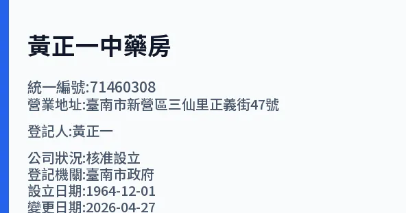 黃正一中藥房的照片-統編 71460308(臺南市) 公司登記資料與營業項目詳細圖表