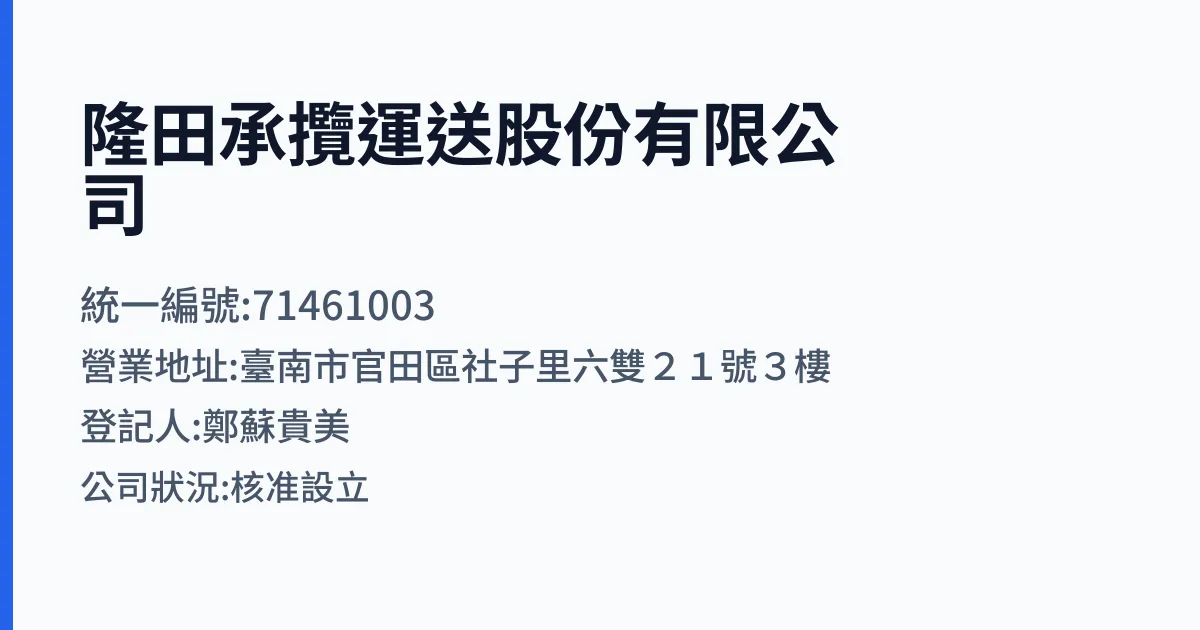 隆田承攬運送股份有限公司 - 統編 71461003(臺南市) 公司登記資料與營業項目詳細圖表