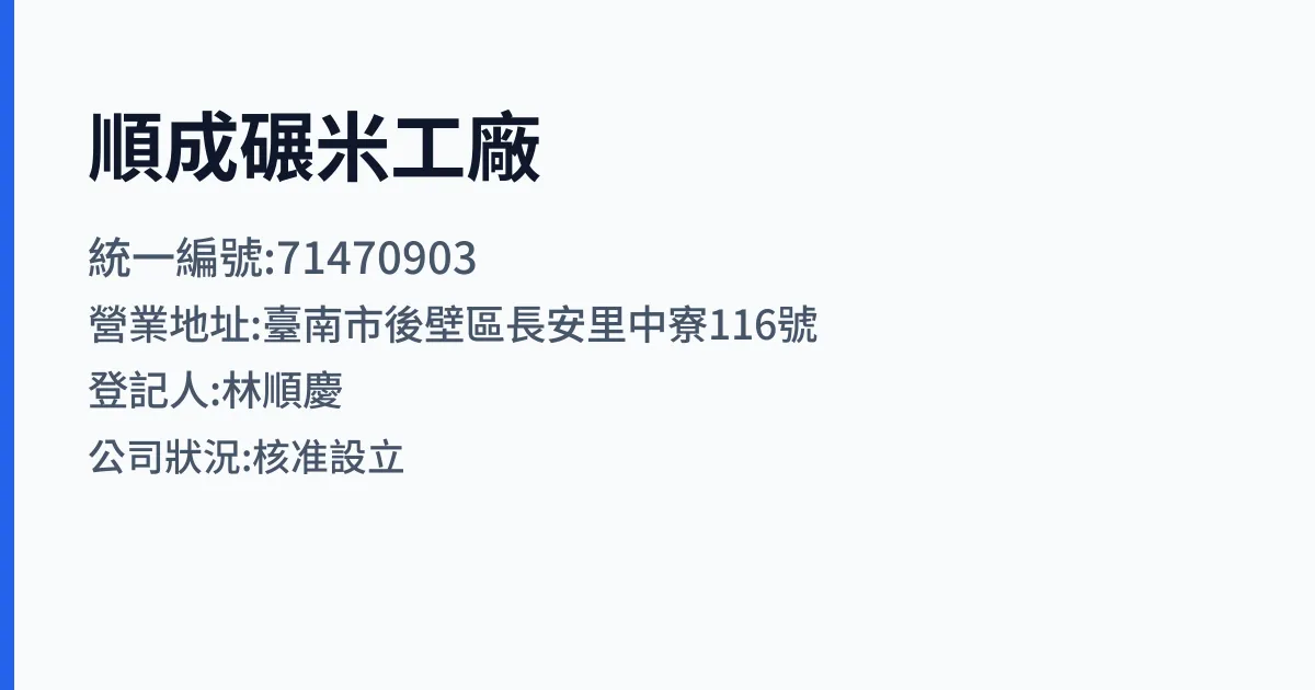 順成碾米工廠 - 統編 71470903(臺南市) 公司登記資料與營業項目詳細圖表