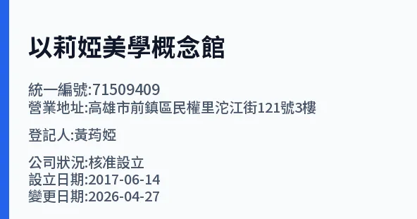 以莉婭美學概念館的照片-統編 71509409(高雄市) 公司登記資料與營業項目詳細圖表