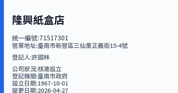 隆興紙盒店的照片-統編 71517301(臺南市) 公司登記資料與營業項目詳細圖表