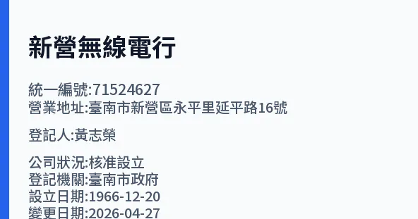 新營無線電行的照片-統編 71524627(臺南市) 公司登記資料與營業項目詳細圖表