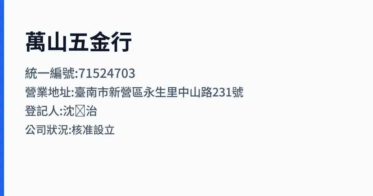 萬山五金行 - 統編 71524703(臺南市) 公司登記資料與營業項目詳細圖表