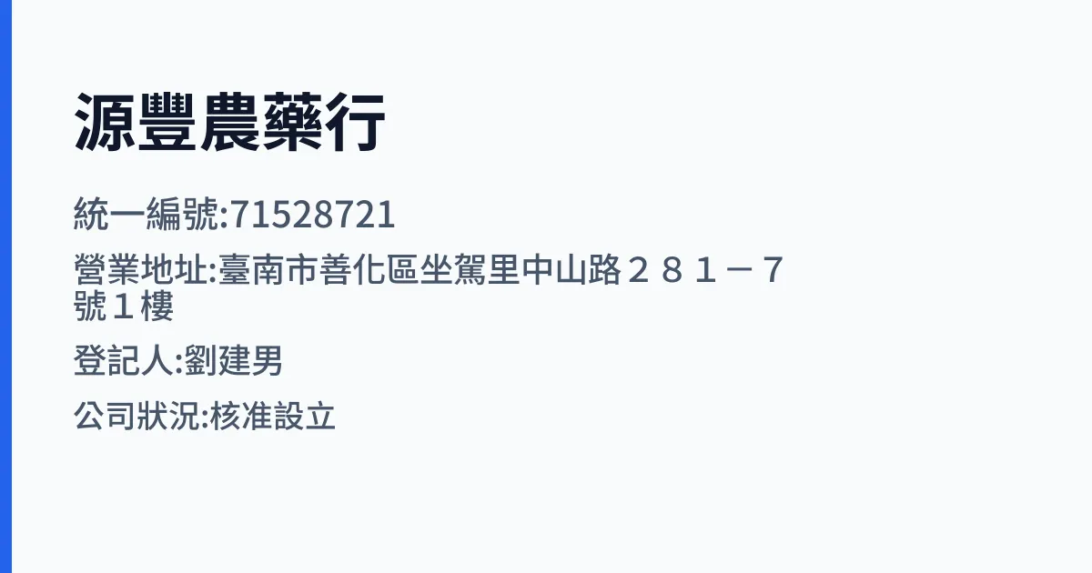 源豐農藥行 - 統編 71528721(臺南市) 公司登記資料與營業項目詳細圖表