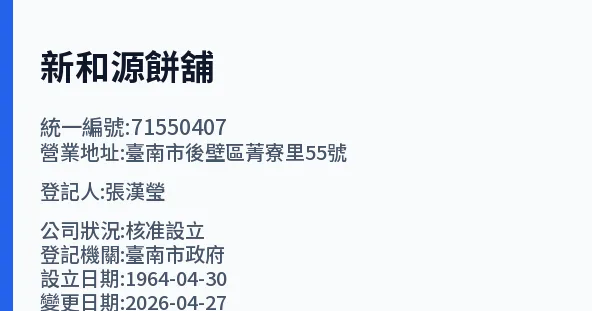 新和源餅舖的照片-統編 71550407(臺南市) 公司登記資料與營業項目詳細圖表