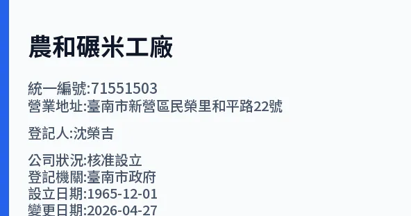 農和碾米工廠的照片-統編 71551503(臺南市) 公司登記資料與營業項目詳細圖表