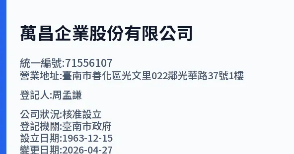 萬昌企業股份有限公司的照片-統編 71556107(臺南市) 公司登記資料與營業項目詳細圖表