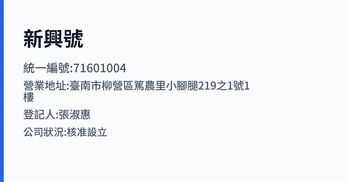 新興號 - 統編 71601004(臺南市) 公司登記資料與營業項目詳細圖表