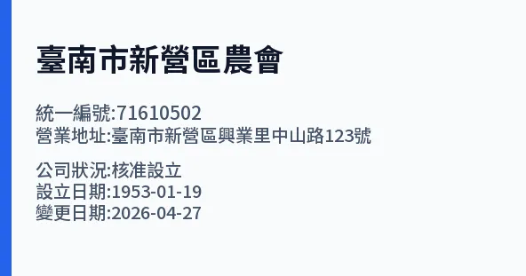 臺南市新營區農會的照片-統編 71610502(臺南市) 公司登記資料與營業項目詳細圖表