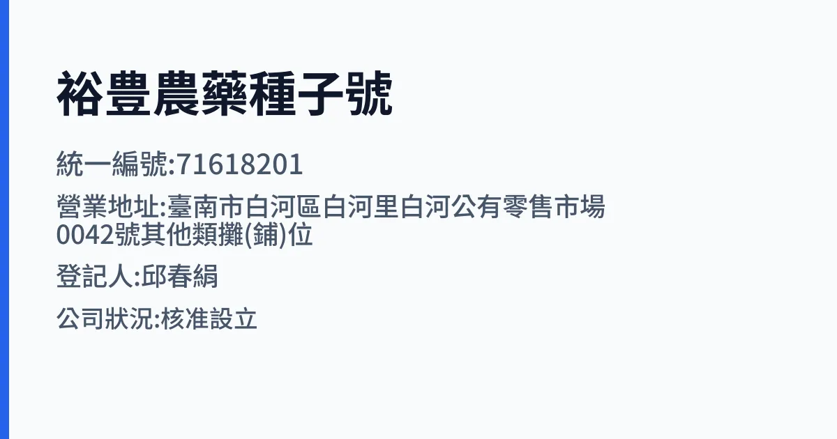 裕豊農藥種子號 - 統編 71618201(臺南市) 公司登記資料與營業項目詳細圖表