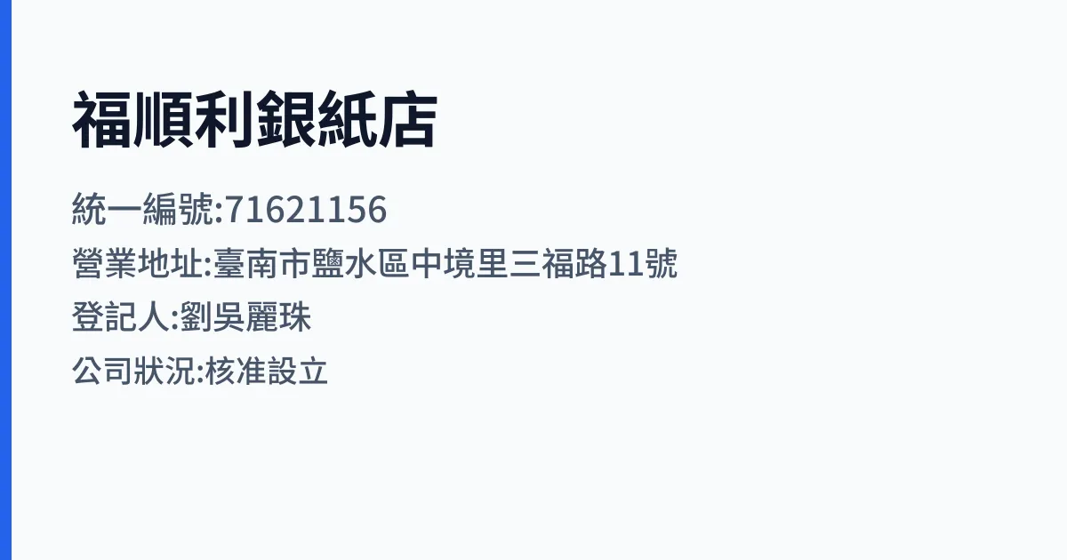 福順利銀紙店 - 統編 71621156(臺南市) 公司登記資料與營業項目詳細圖表