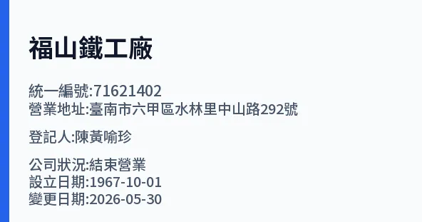 福山鐵工廠的照片-統編 71621402(臺南市) 公司登記資料與營業項目詳細圖表
