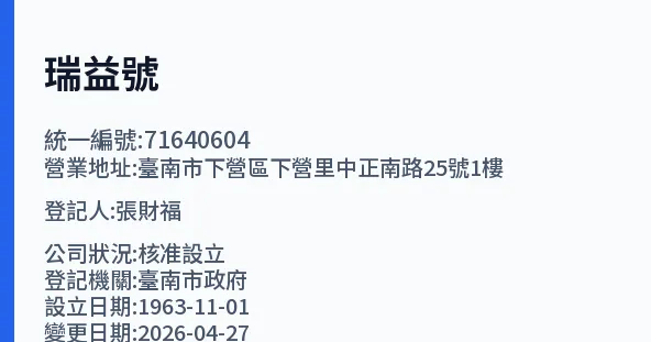 瑞益號的照片-統編 71640604(臺南市) 公司登記資料與營業項目詳細圖表