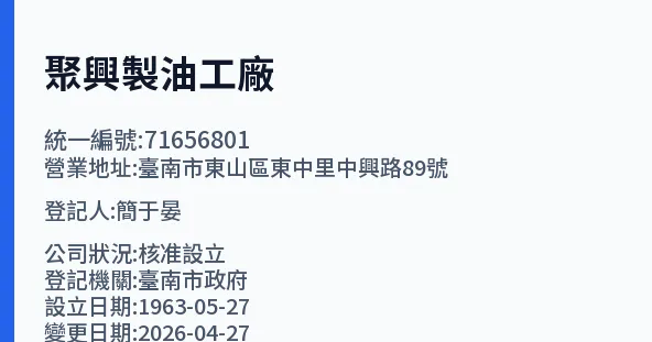 聚興製油工廠的照片-統編 71656801(臺南市) 公司登記資料與營業項目詳細圖表