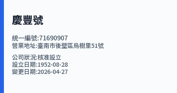 慶豐號的照片-統編 71690907(臺南市) 公司登記資料與營業項目詳細圖表