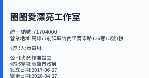 圈圈愛漂亮工作室的照片-統編 71704000(高雄市) 公司登記資料與營業項目詳細圖表
