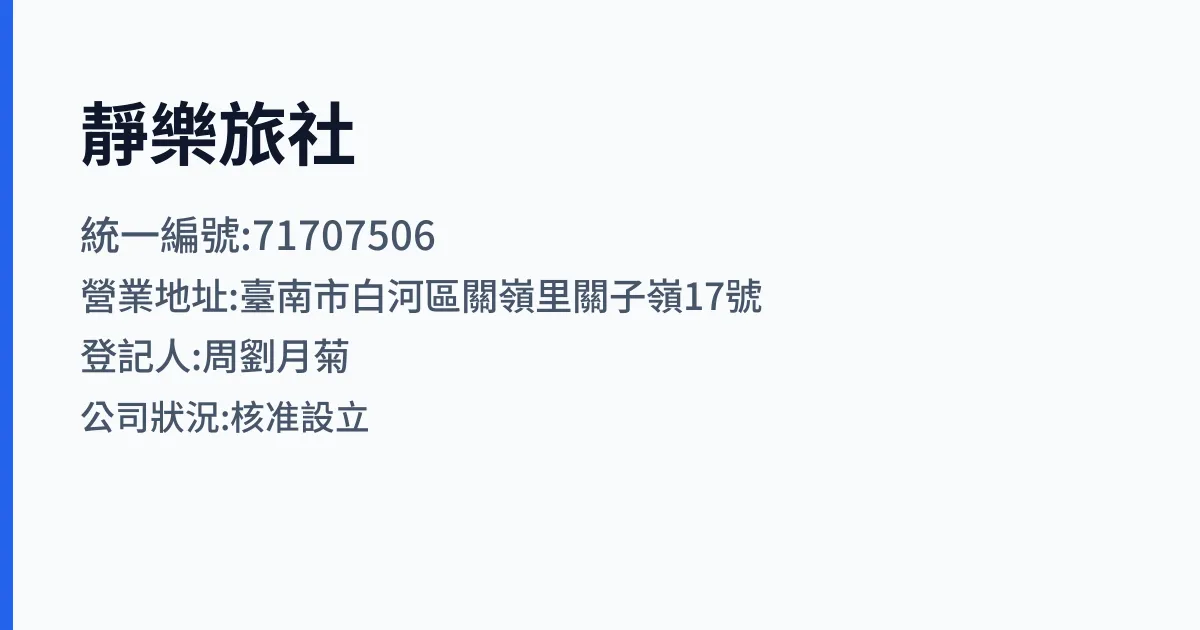 靜樂旅社 - 統編 71707506(臺南市) 公司登記資料與營業項目詳細圖表