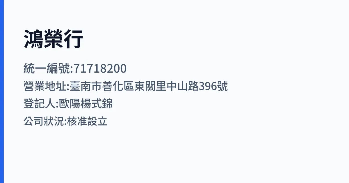 鴻榮行 - 統編 71718200(臺南市) 公司登記資料與營業項目詳細圖表