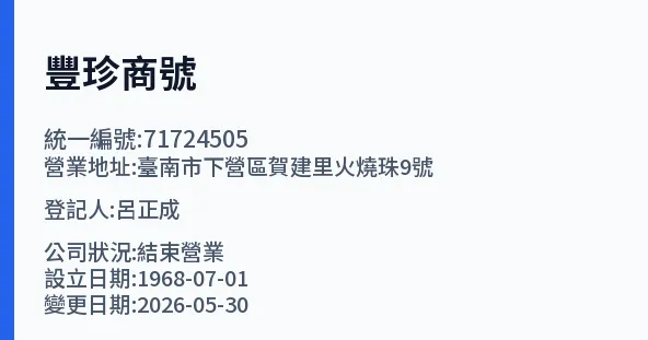 豐珍商號的照片-統編 71724505(臺南市) 公司登記資料與營業項目詳細圖表