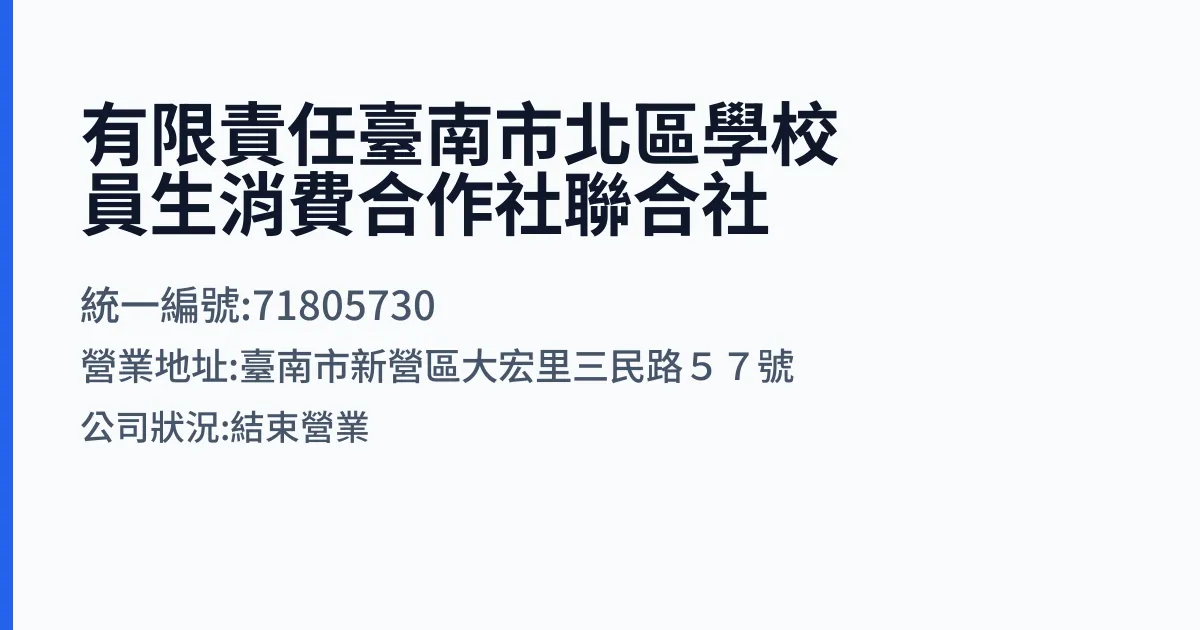 有限責任臺南市北區學校員生消費合作社聯合社 - 統編 71805730（臺南市） 公司登記資料與營業項目詳細圖表
