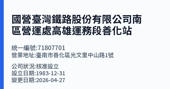 國營臺灣鐵路股份有限公司南區營運處高雄運務段善化站的照片-統編 71807701(臺南市) 公司登記資料與營業項目詳細圖表
