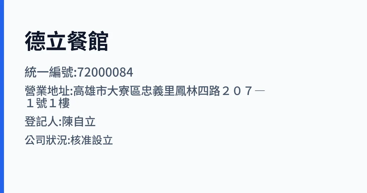 德立餐館 - 統編 72000084(高雄市) 公司登記資料與營業項目詳細圖表