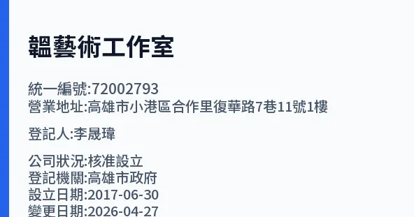 韞藝術工作室的照片-統編 72002793(高雄市) 公司登記資料與營業項目詳細圖表