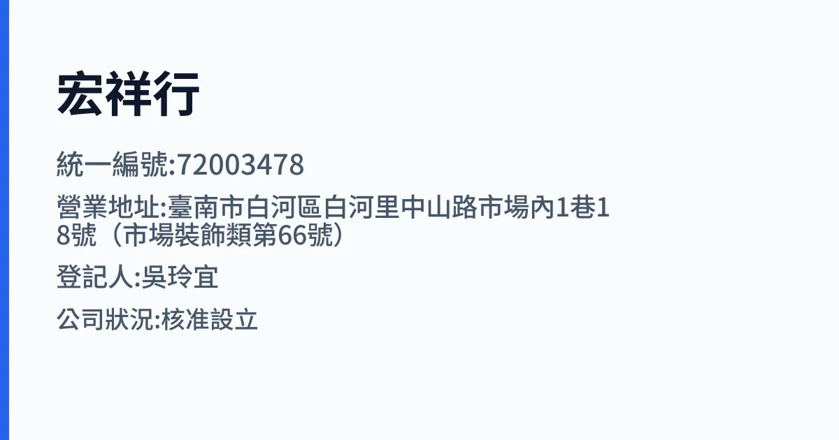 宏祥行 - 統編 72003478(臺南市) 公司登記資料與營業項目詳細圖表