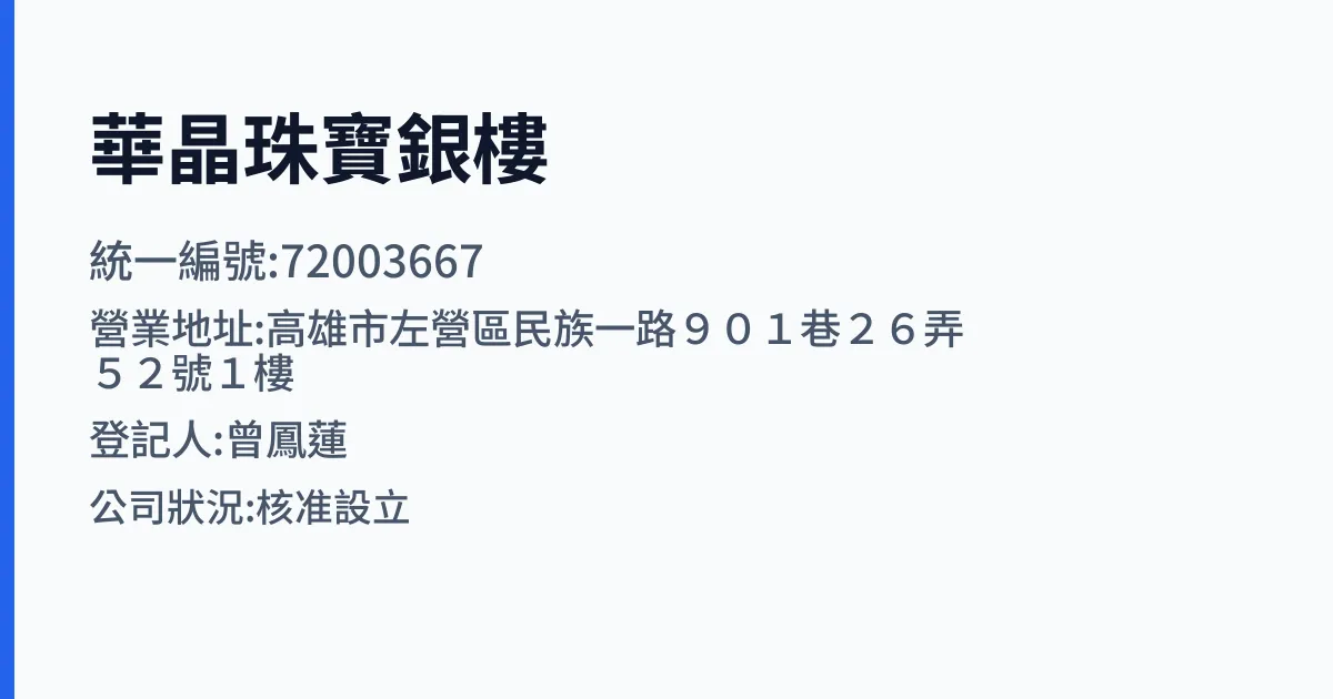 華晶珠寶銀樓 - 統編 72003667(高雄市) 公司登記資料與營業項目詳細圖表