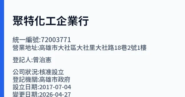 聚特化工企業行的照片-統編 72003771(高雄市) 公司登記資料與營業項目詳細圖表