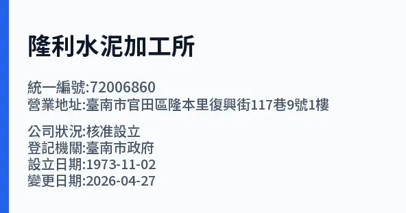 隆利水泥加工所的照片-統編 72006860(臺南市) 公司登記資料與營業項目詳細圖表