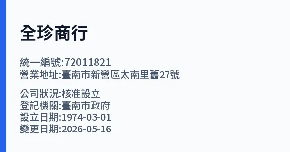 全珍商行的照片-統編 72011821(臺南市) 公司登記資料與營業項目詳細圖表