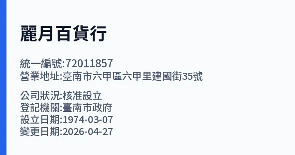 麗月百貨行的照片-統編 72011857(臺南市) 公司登記資料與營業項目詳細圖表