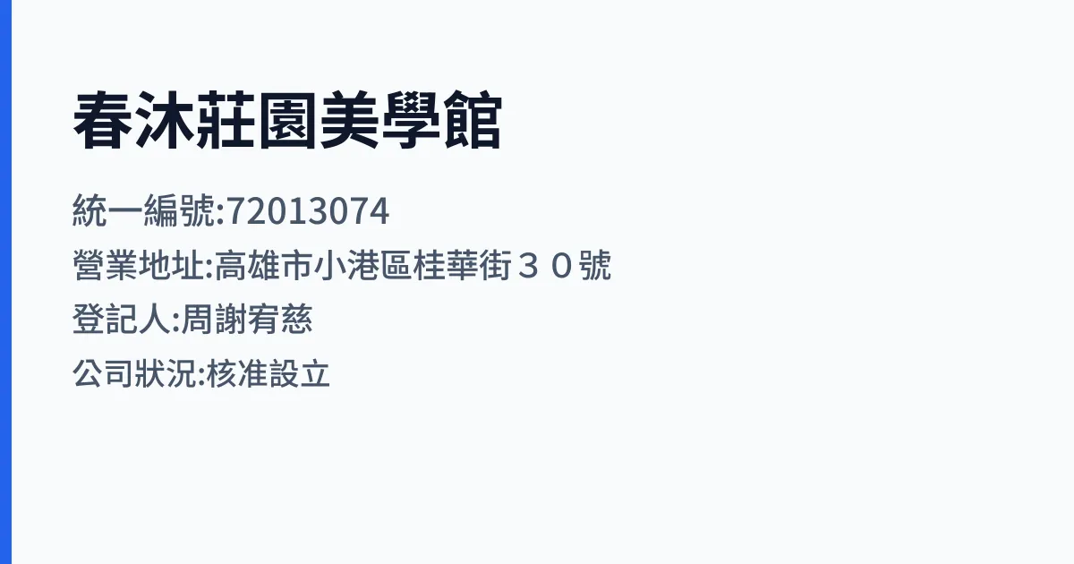春沐莊園美學館 - 統編 72013074(高雄市) 公司登記資料與營業項目詳細圖表