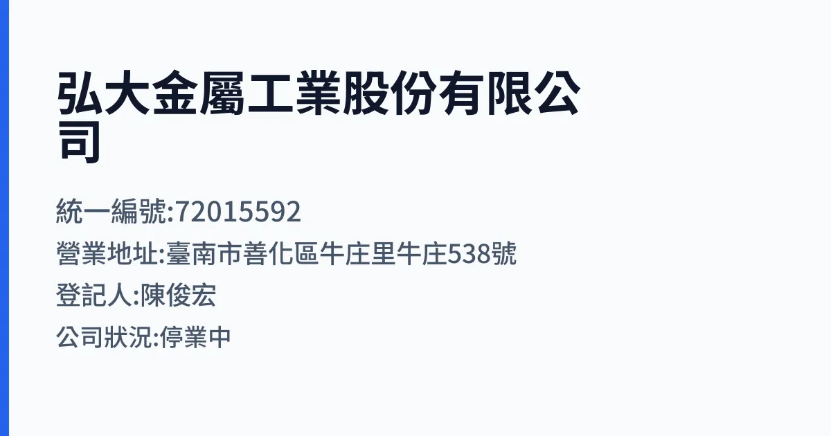 弘大金屬工業股份有限公司 - 統編 72015592(臺南市) 公司登記資料與營業項目詳細圖表
