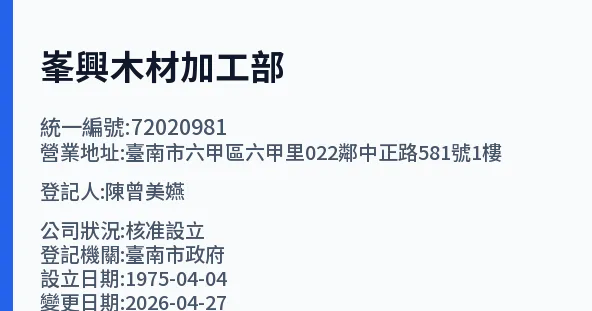 峯興木材加工部的照片-統編 72020981(臺南市) 公司登記資料與營業項目詳細圖表