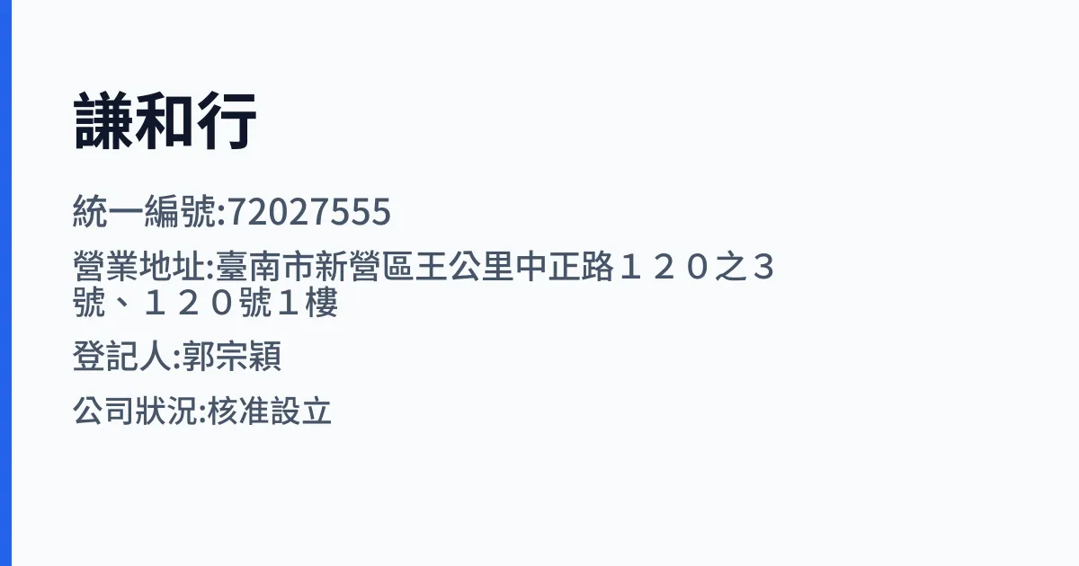 謙和行 - 統編 72027555(臺南市) 公司登記資料與營業項目詳細圖表