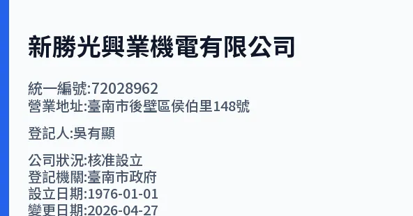 新勝光興業機電有限公司的照片-統編 72028962(臺南市) 公司登記資料與營業項目詳細圖表