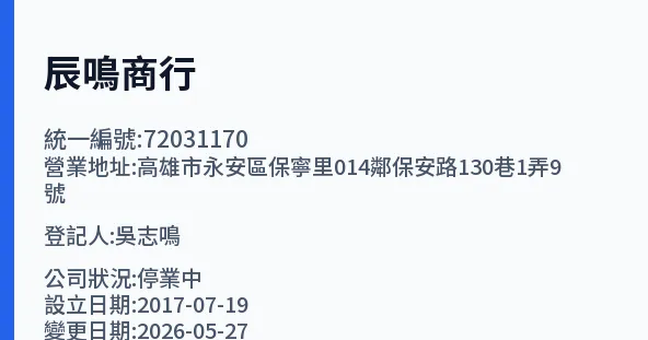 辰鳴商行的照片-統編 72031170(高雄市) 公司登記資料與營業項目詳細圖表