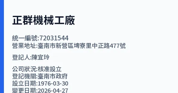 正群機械工廠的照片-統編 72031544(臺南市) 公司登記資料與營業項目詳細圖表