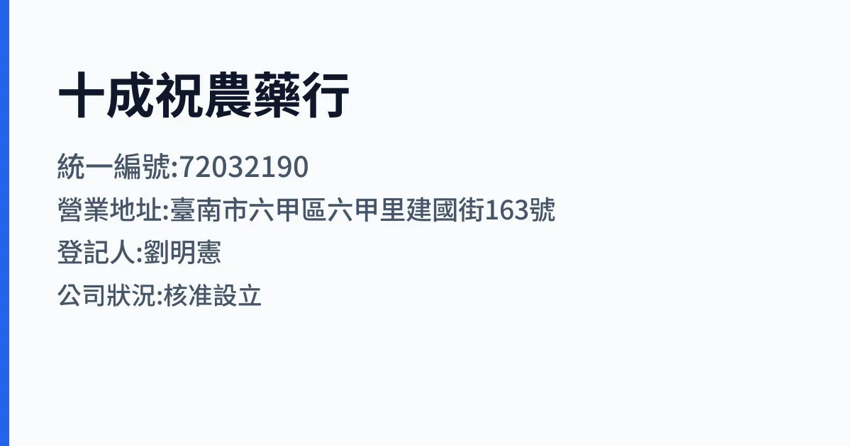 十成祝農藥行 - 統編 72032190(臺南市) 公司登記資料與營業項目詳細圖表