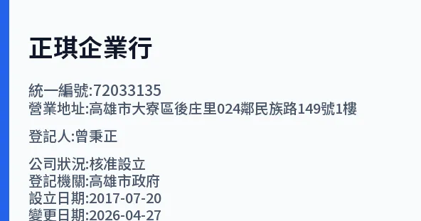正琪企業行的照片-統編 72033135(高雄市) 公司登記資料與營業項目詳細圖表