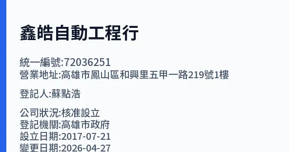 鑫皓自動工程行的照片-統編 72036251(高雄市) 公司登記資料與營業項目詳細圖表