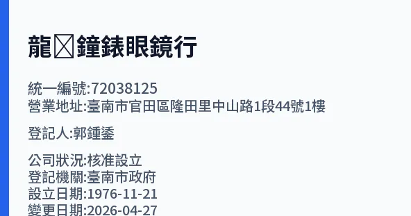 龍忎鐘錶眼鏡行的照片-統編 72038125(臺南市) 公司登記資料與營業項目詳細圖表