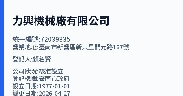 力興機械廠有限公司的照片-統編 72039335(臺南市) 公司登記資料與營業項目詳細圖表
