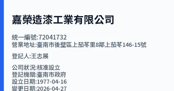 嘉榮造漆工業有限公司的照片-統編 72041732(臺南市) 公司登記資料與營業項目詳細圖表