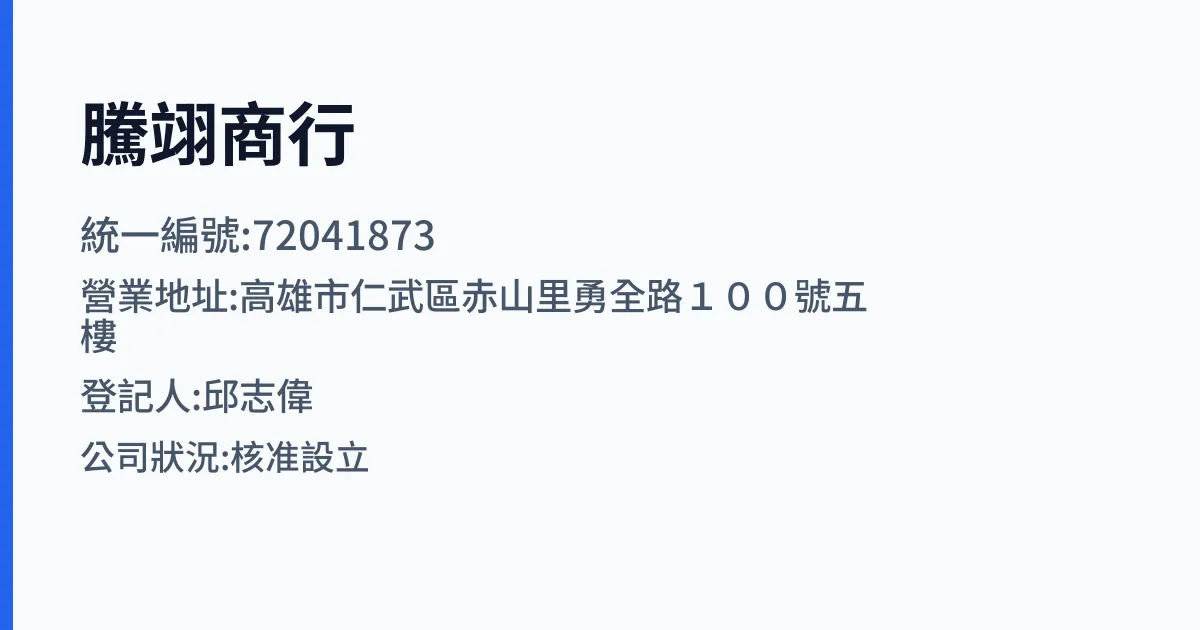 騰翊商行 - 統編 72041873(高雄市) 公司登記資料與營業項目詳細圖表