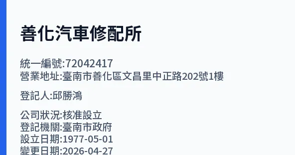善化汽車修配所的照片-統編 72042417(臺南市) 公司登記資料與營業項目詳細圖表