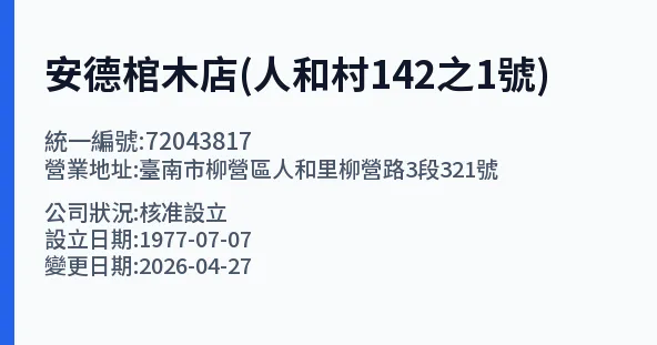 安德棺木店(人和村142之1號)的照片-統編 72043817(臺南市) 公司登記資料與營業項目詳細圖表
